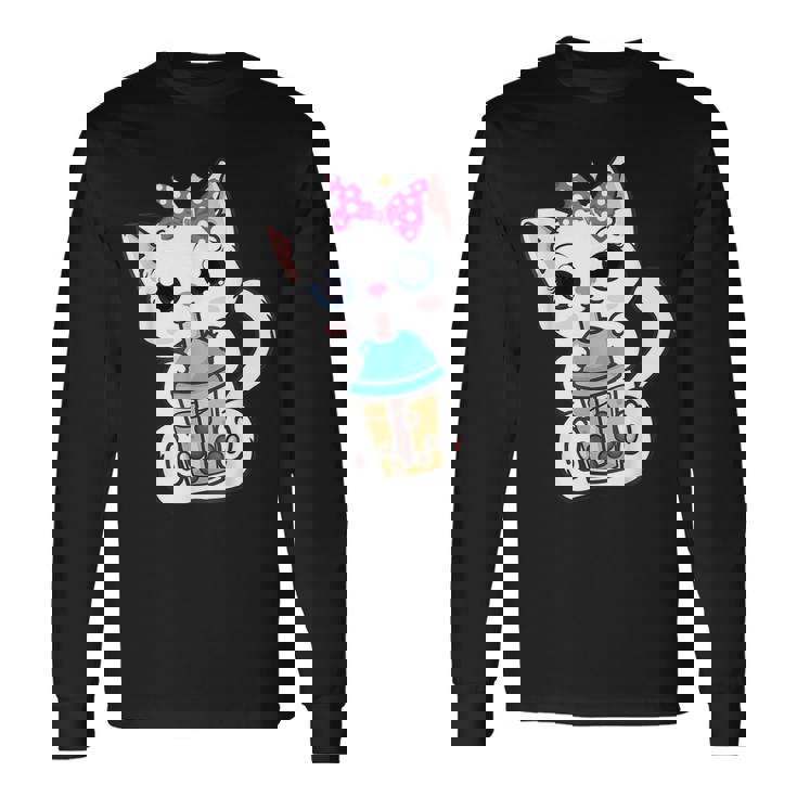 Boba Tea Cat Bubble Tea Cat Milk Tea Kawaii Anime Cat Long Sleeve T ...