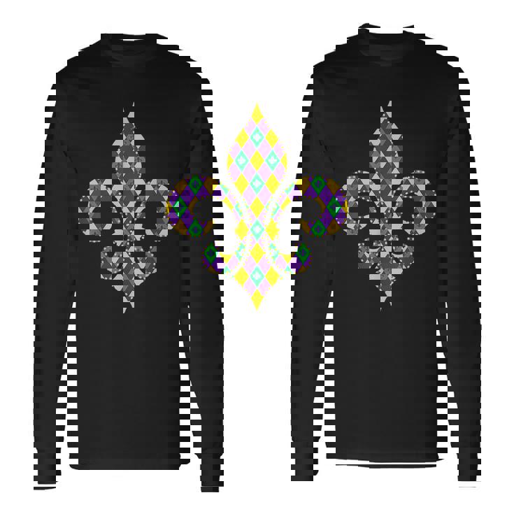 Checkered Mardi Gras Fleur De Lys Symbol V2 Long Sleeve T-Shirt - Seseable