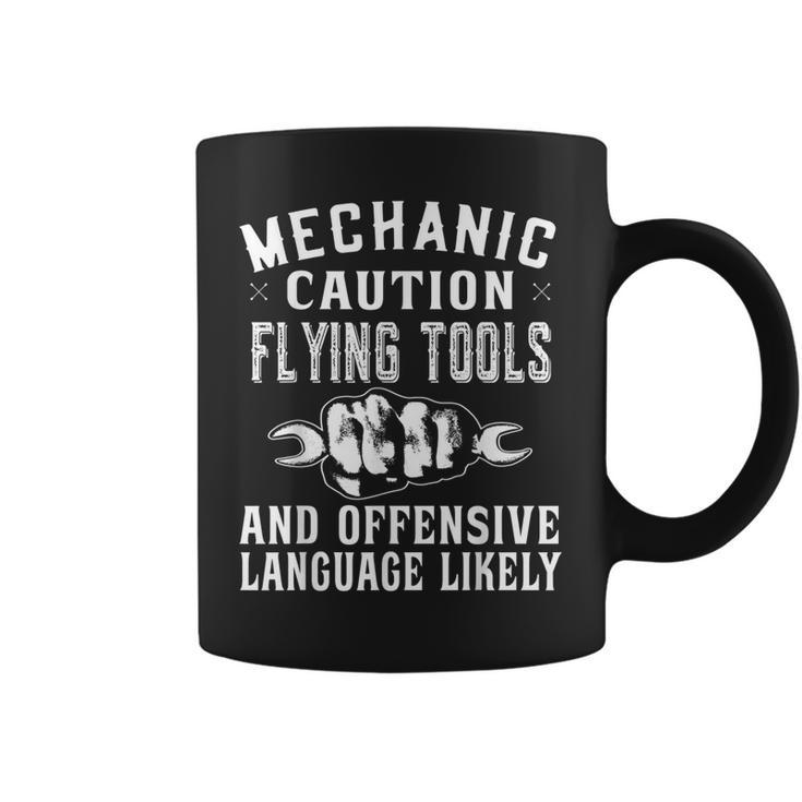 Mechanic Caution Flying Tools Funny Auto Mechanic Coffee Mug | Mazezy