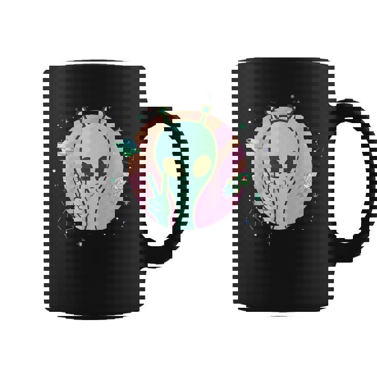 Peace Sign Hand Planet Stars Ufo Cool Trippy Green Alien Coffee Mug ...