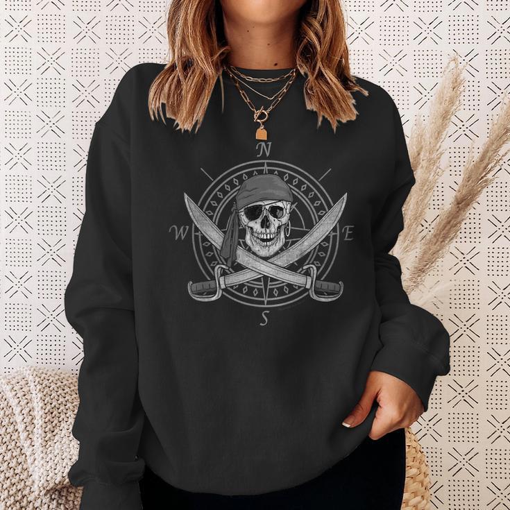 Jolly Roger Pirate Skull And Cutlasses Compass Distressed Sweatshirt ...
