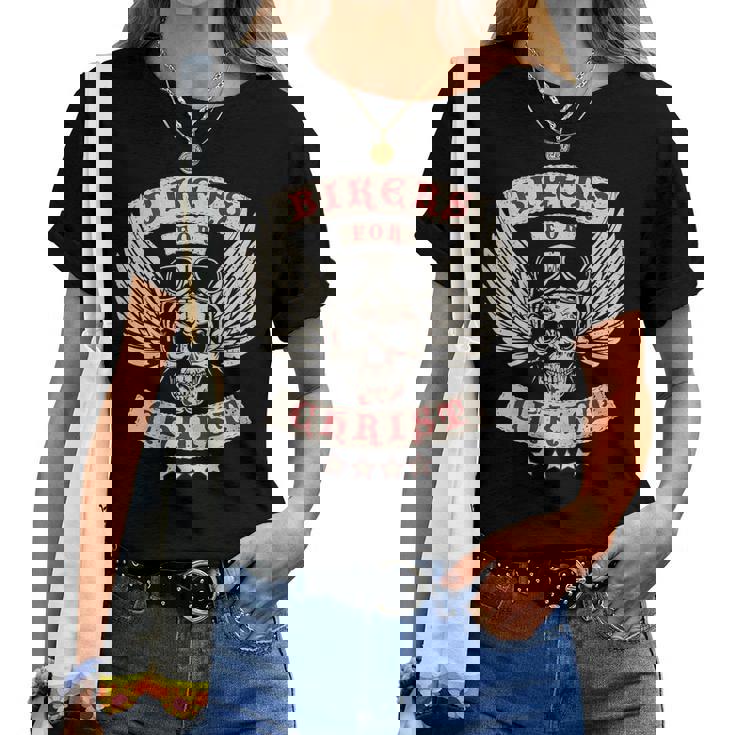 Bikers For Christ Motorcycle Patch Christian On Back Women T-shirt | Mazezy