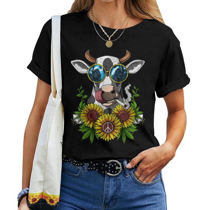 Cow Hippie Smoking Weed Stoner Sunflowers Cannabis Marijuana Women T ...
