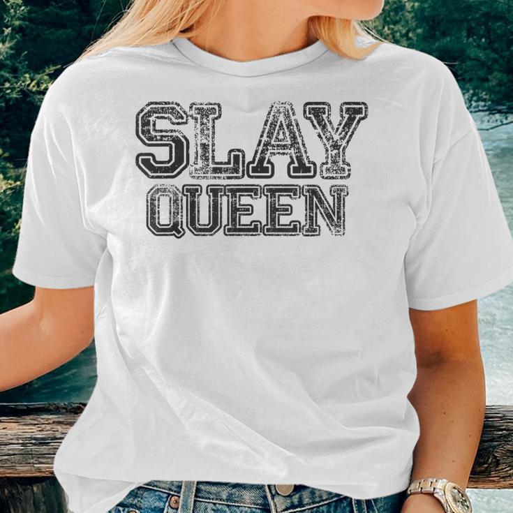 Slay Queen Womens Printed College Font Quote Women T-shirt | Mazezy