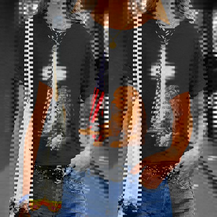 Christian Patriotic Lion And Lamb Cross Sheep Dove Usa Flag T-Shirt ...