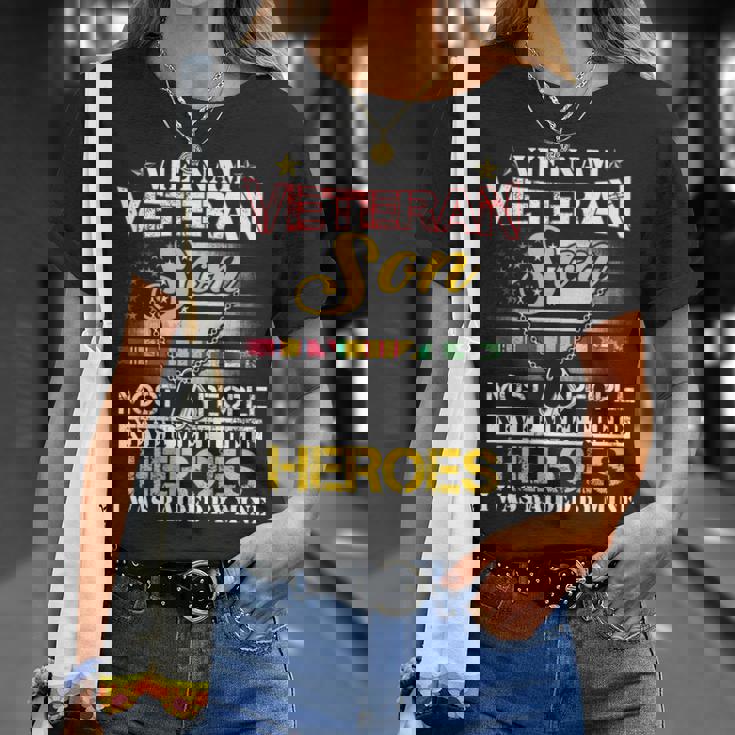 Mens Vietnam Veteran Son Raised By My Hero Veteran Day T-Shirt - Seseable