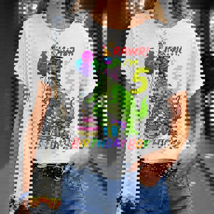 Kids 5Th Birthday Boy T Rex Dinosaur Themed Birthday Party Gift Unisex T-Shirt | Mazezy