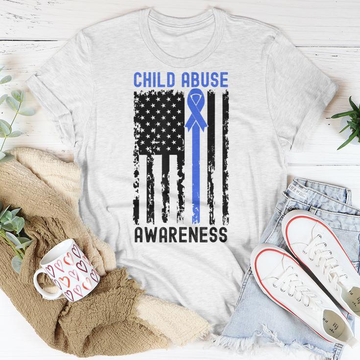 Stop Child Abuse Awareness Blue Ribbon American Flag Unisex T-Shirt ...