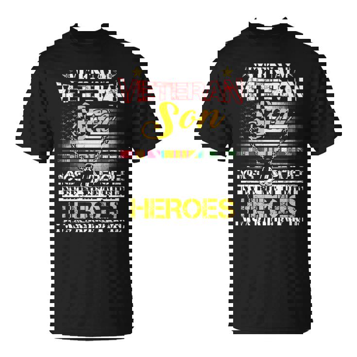 Mens Vietnam Veteran Son Raised By My Hero Veteran Day T-Shirt - Seseable